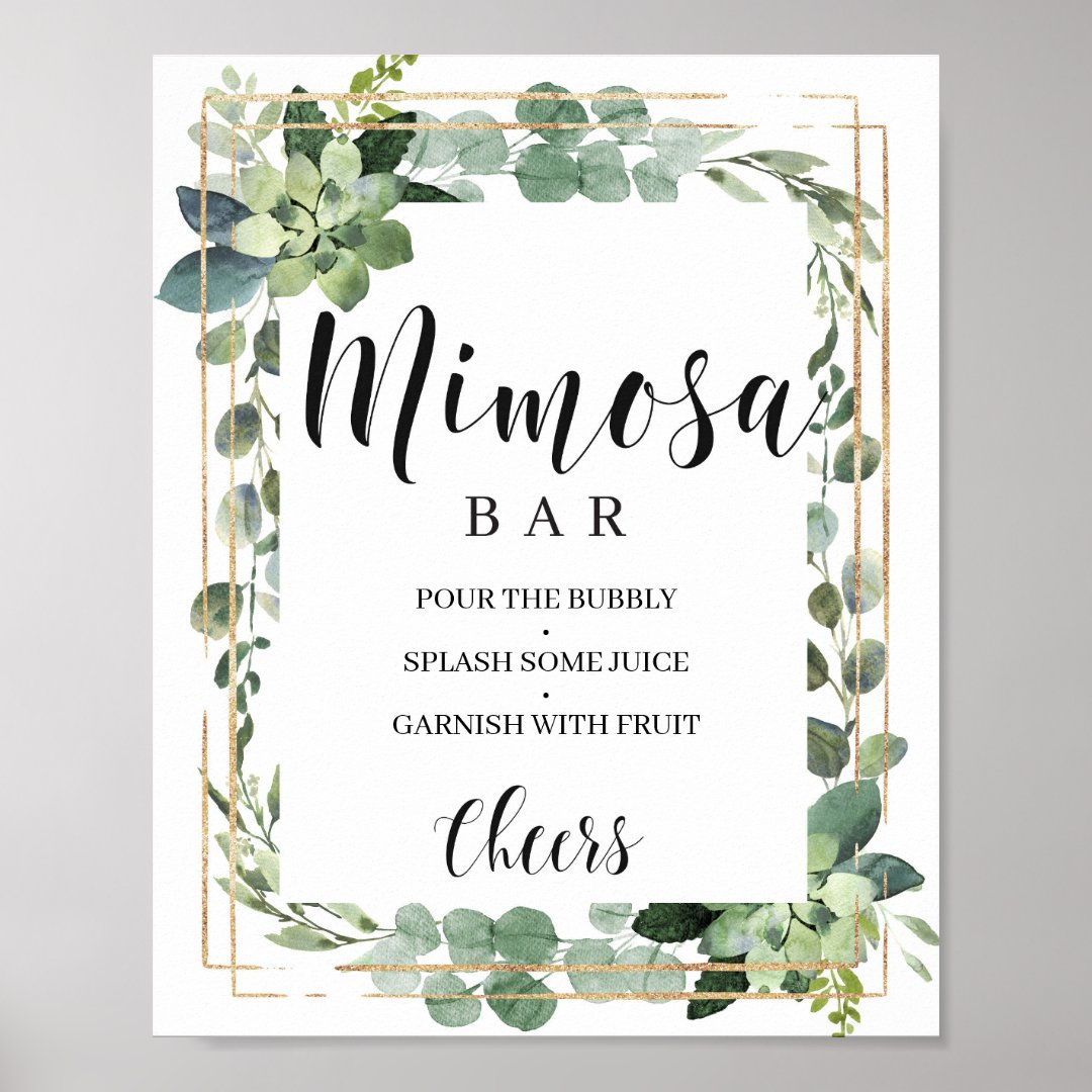 Boho greenery leaves succulent gold mimosa bar poster | Zazzle