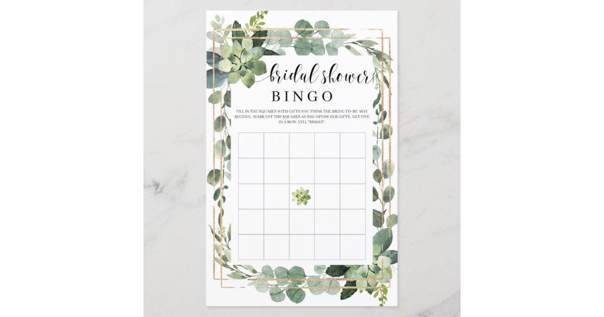 Boho greenery succulent flowers gold bridal bingo | Zazzle