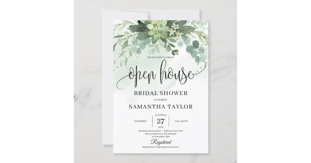 Boho Greenery Succulent Foliage Open House Bridal Invitation | Zazzle