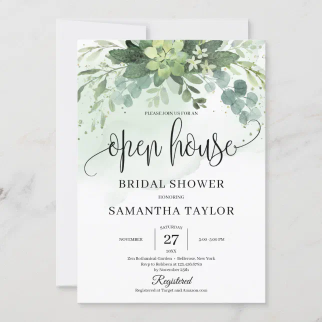 Boho Greenery Succulent Foliage Open House Bridal Invitation | Zazzle