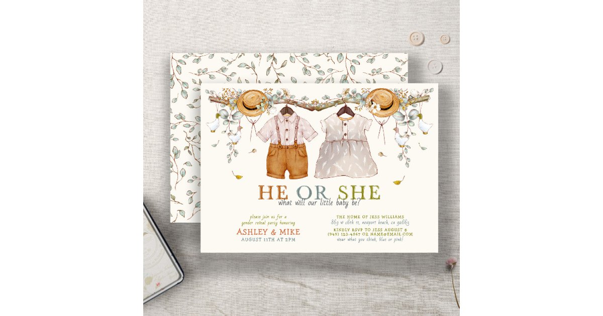 Boho He or She Clothing Neutral Gender Reveal Invitation | Zazzle