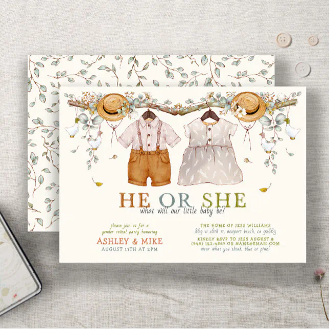 Boho He or She Clothing Neutral Gender Reveal Invitation | Zazzle
