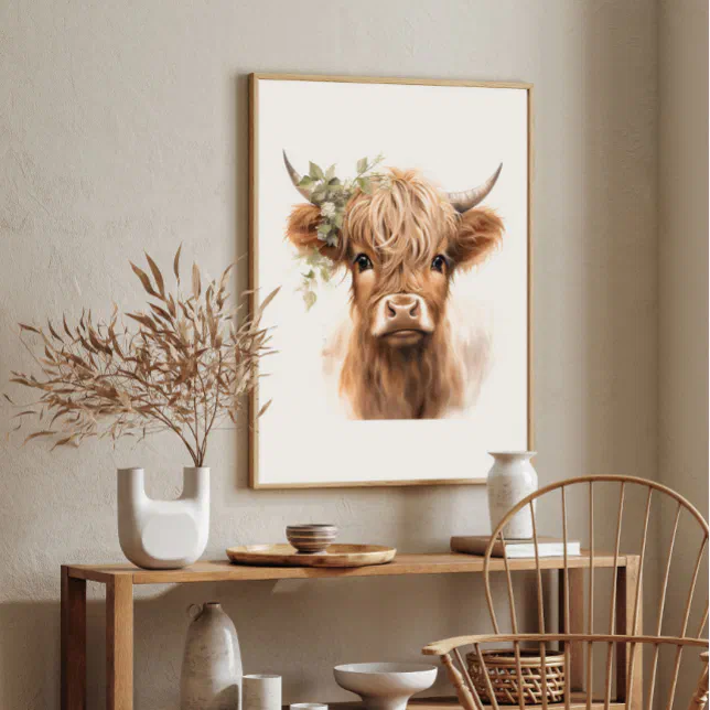 Boho Highland Cow Art Print Poster | Zazzle