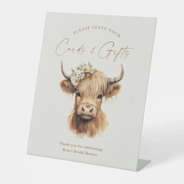 Boho Highland Cow Bridal Shower Cards and Gifts Pedestal Sign | Zazzle