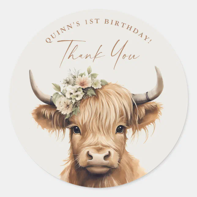 Boho Highland Cow Kids Birthday Party Thank You Classic Round Sticker ...