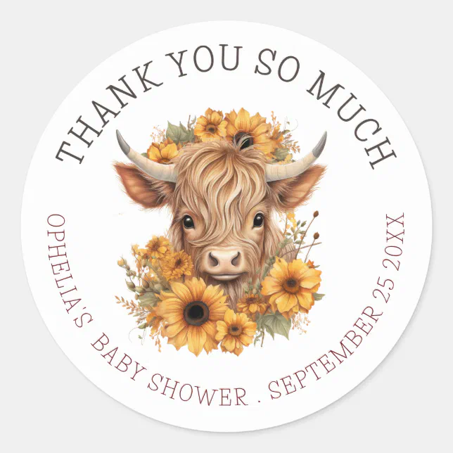 Boho Highland Cow Thank You Baby Shower Classic Round Sticker | Zazzle