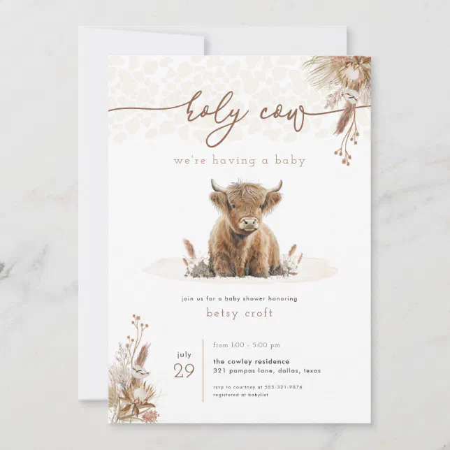 Boho Holy Cow Highland Cow Baby Shower Invitation | Zazzle