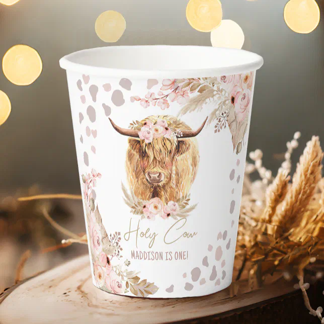 Boho Holy Cow Highland Pampas 1st First Birthday Paper Cups | Zazzle