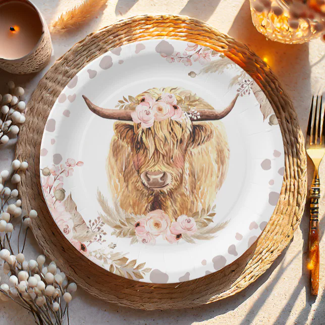 Boho Holy Cow Highland Pampas 1st First Birthday Paper Plates | Zazzle