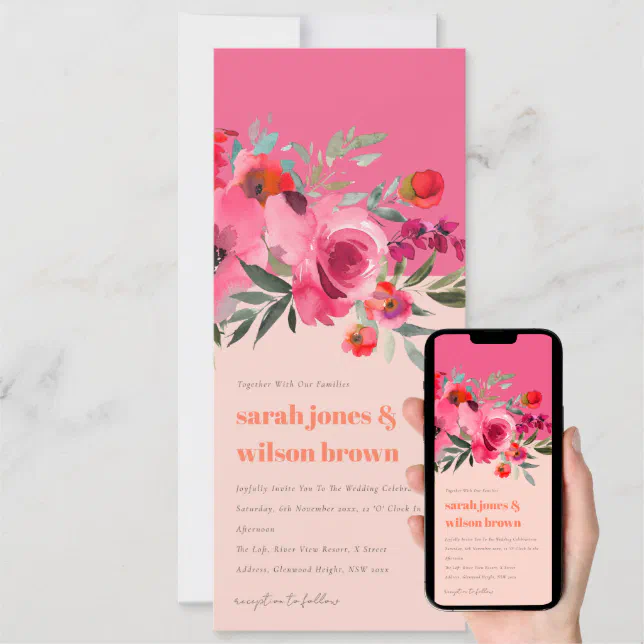 Boho Hot Pink Orange Watercolor Floral Wedding Invitation Zazzle