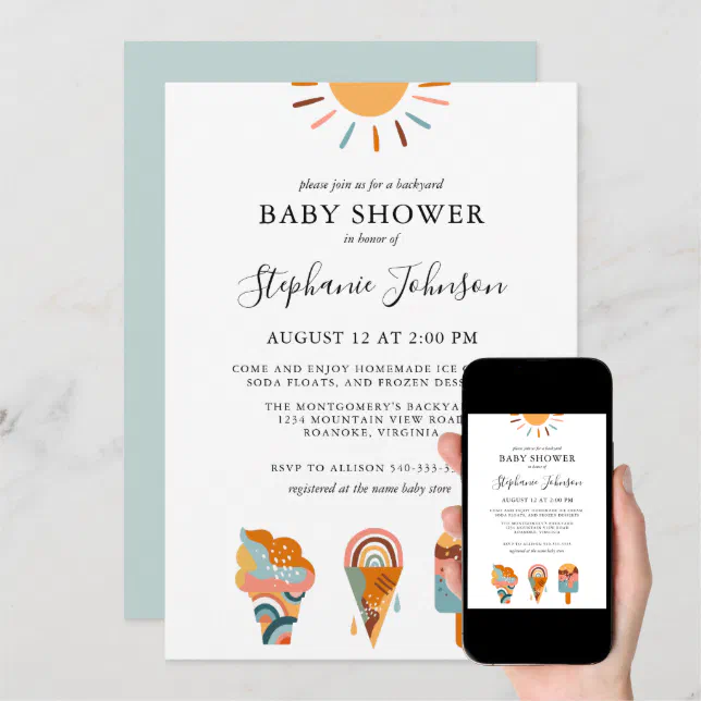 Boho Ice Cream Backyard Baby Shower Invitation | Zazzle