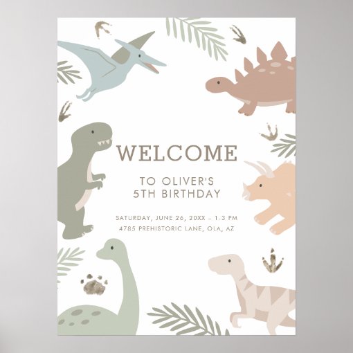 Boho Kids Dinosaur-Theme Birthday Sign Poster | Zazzle