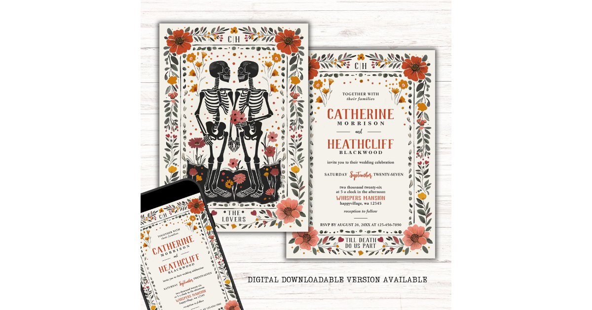 Boho Letterpress Style Skeleton Tarot Wedding Invitation | Zazzle
