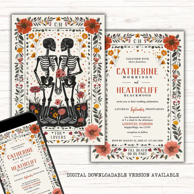 Boho Letterpress Style Skeleton Tarot Wedding Invitation | Zazzle