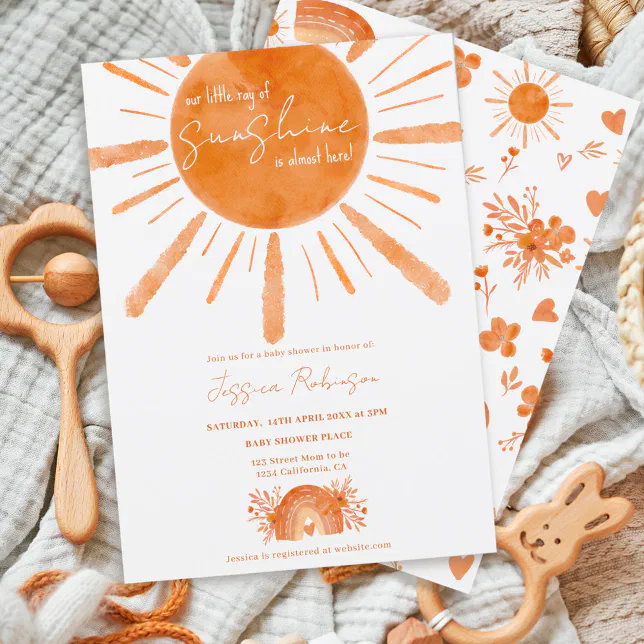 Boho little sunshine rainbow orange baby shower invitation | Zazzle