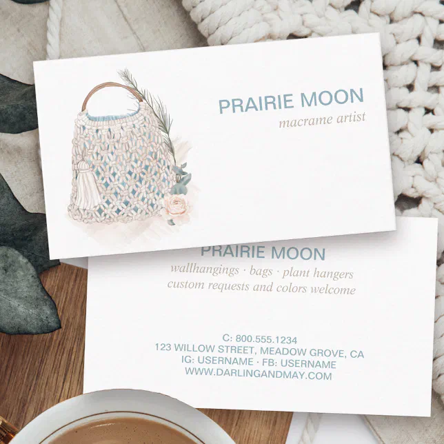 Boho Macrame Watercolor Bag Business Card | Zazzle