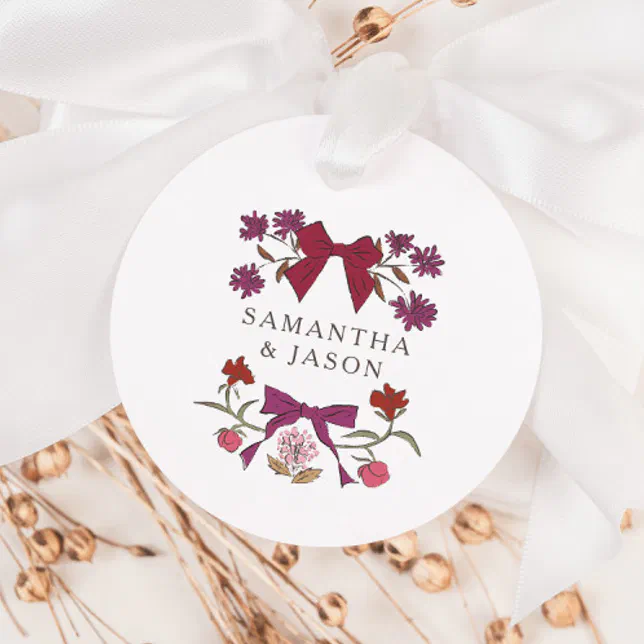 Boho Magenta Bow Floral Wedding Favor Tags | Zazzle