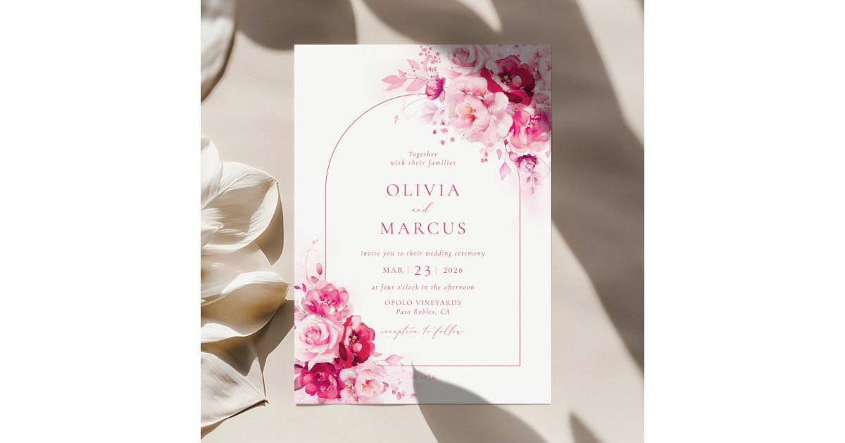 Boho Magenta Hot Pink Arch Floral Elegant Wedding Invitation | Zazzle