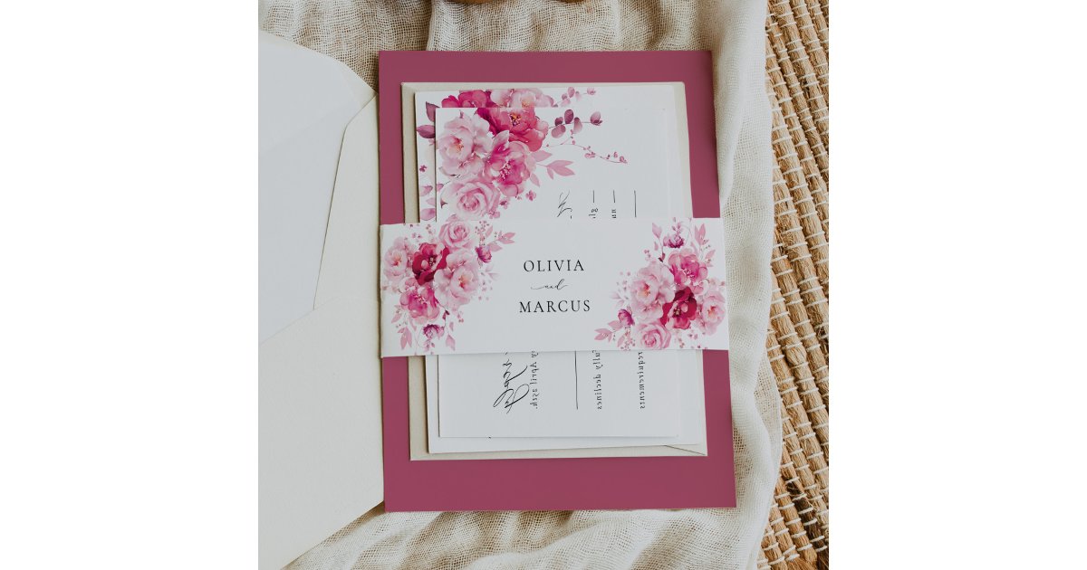 Boho Magenta Hot Pink Floral Wedding Invitation Belly Band | Zazzle