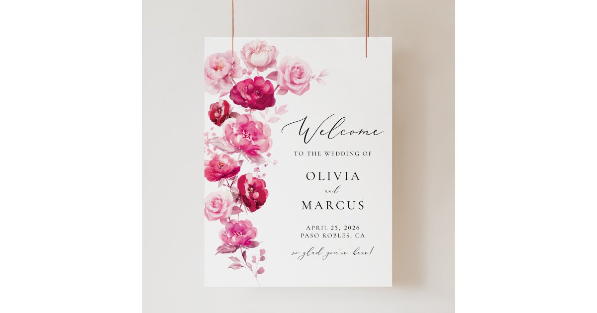 Boho Magenta Hot Pink Floral Wedding Welcome Sign | Zazzle