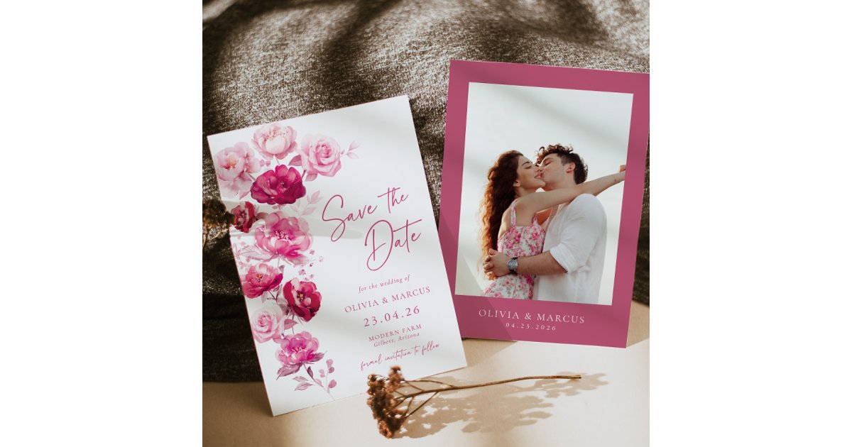 Boho Magenta Hot Pink Rose Floral Wedding Photo Save The Date | Zazzle