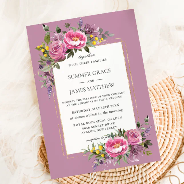 Boho Magenta Pink Mauve Purple Greenery Wedding Invitation | Zazzle