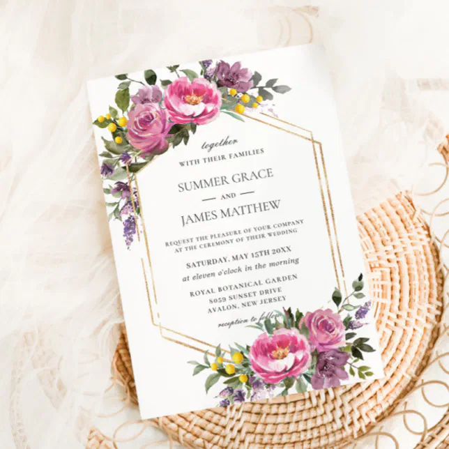 Boho Magenta Pink Purple Yellow Geometric Wedding Invitation | Zazzle