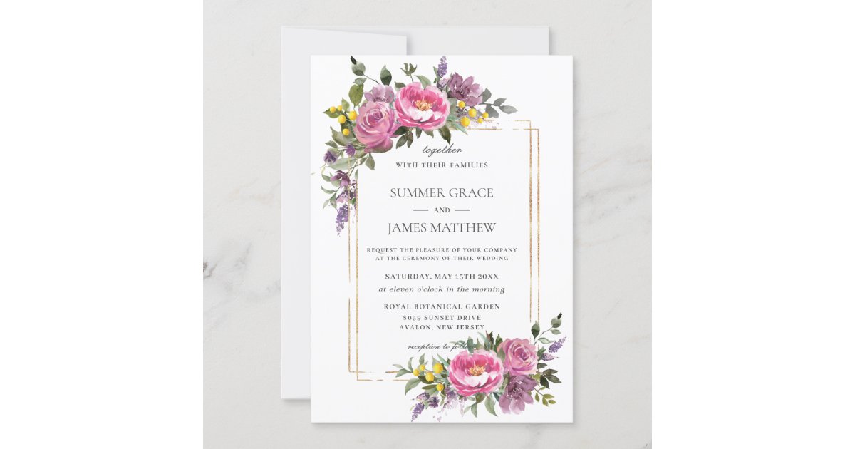 Boho Magenta Pink Purple Yellow Greenery Wedding Invitation | Zazzle