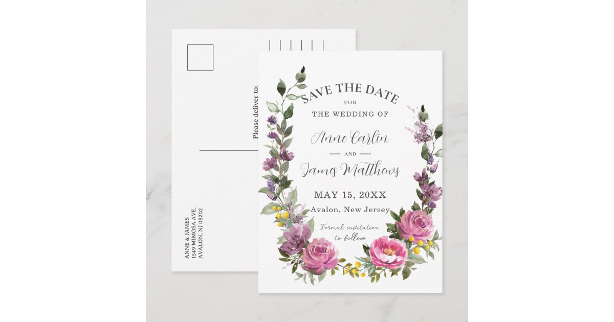 Boho Magenta Purple Floral Wedding Save the Date Announcement Postcard ...