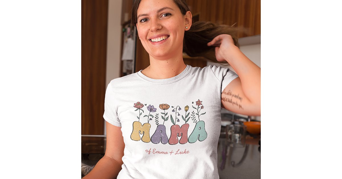 Boho Mama Text with Flowers and Kid Names T-Shirt | Zazzle