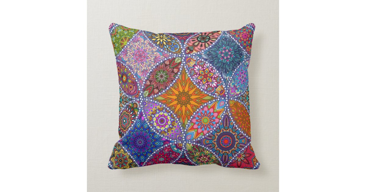 Boho Mandala Quilt Pattern Colorful Hippie Style Throw Pillow | Zazzle.com