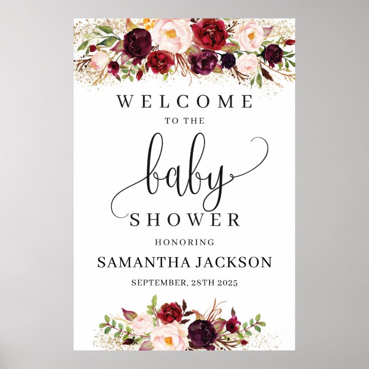 Boho marsala floral baby shower welcome sign | Zazzle