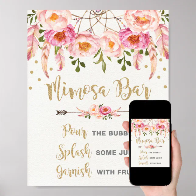 Boho Mimosa Bar Pink Gold Bridal Shower Poster | Zazzle