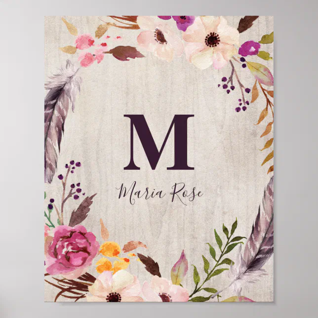 Boho Monogram Initial Letter Nursery Art Decor | Zazzle