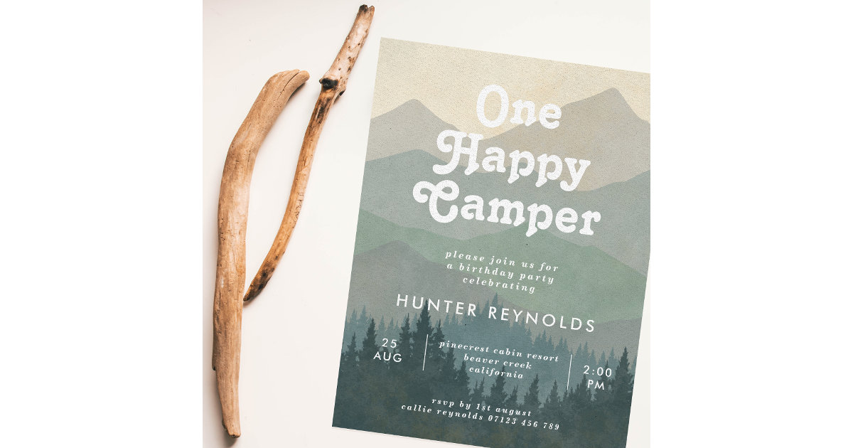 Boho Mountains One Happy Camper Boys 1st Birthday Invitation | Zazzle