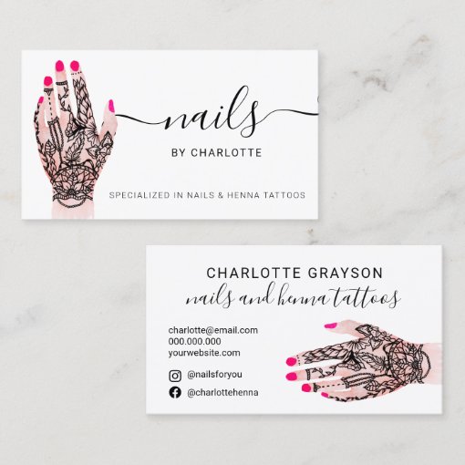 Boho nails technician henna tattoos illustration business card | Zazzle