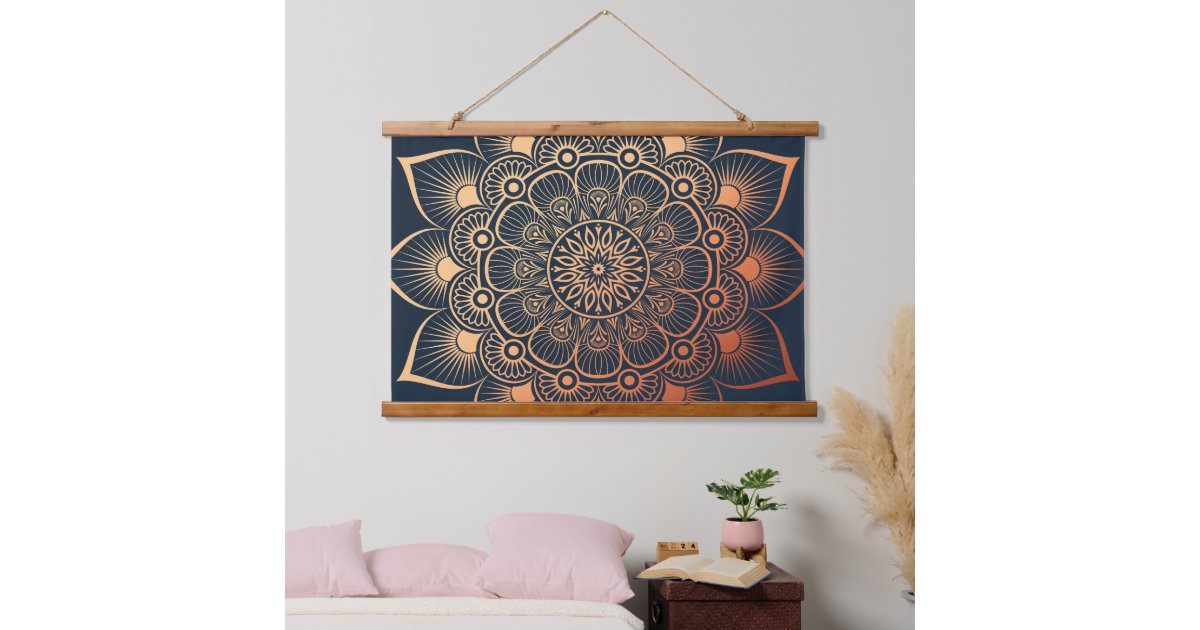 Boho navy Blue Peach Mandala Wood Topped Hanging Tapestry | Zazzle