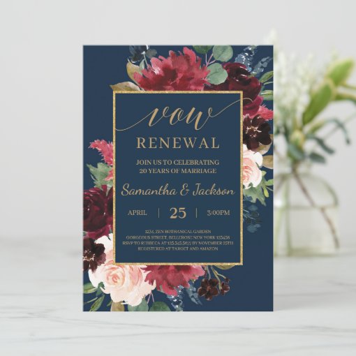 Boho Navy Burgundy Blush Floral Vow Renewal Invitation Zazzle
