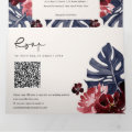 Boho Navy Maroon Monstera Floral QR Code Wedding Tri-Fold Invitation ...