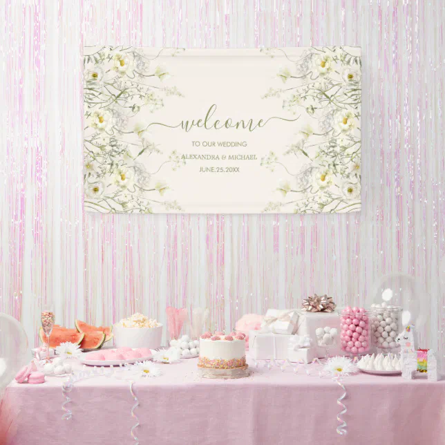 Boho Neutral White Watercolor Wildflower Wedding Banner | Zazzle