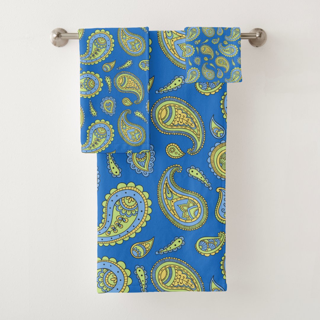 Boho Paisley Pattern Cerulean Blue & Yellow Green Bath Towel Set | Zazzle