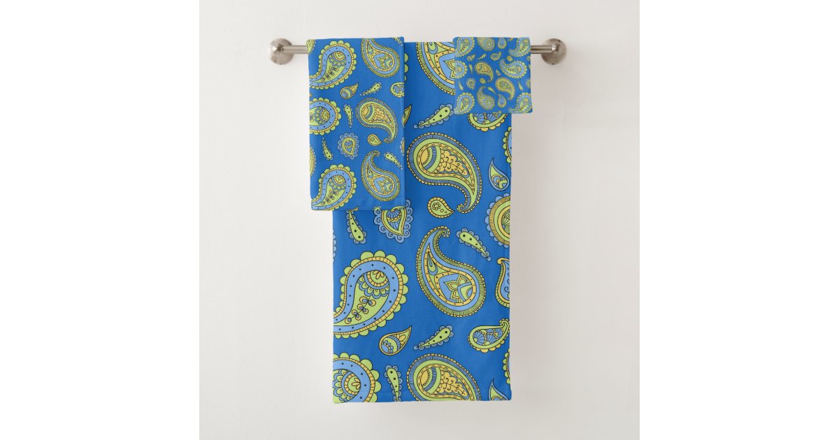 Boho Paisley Pattern Cerulean Blue & Yellow Green Bath Towel Set | Zazzle