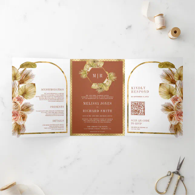 Boho Palm Earthy Floral Terracotta QR Code Wedding Tri-Fold Invitation ...