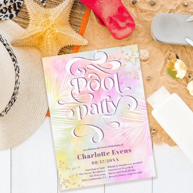 Boho palm fun pool party script swirls Sweet 16 Invitation | Zazzle