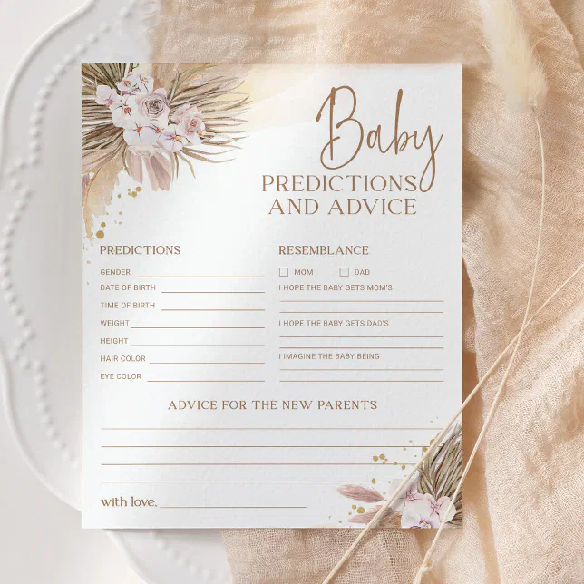 Boho Pampas Baby Predictions and Advice Cards | Zazzle