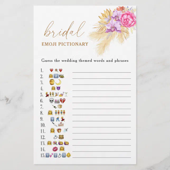 Boho pampas grass bridal shower emoji pictionary | Zazzle