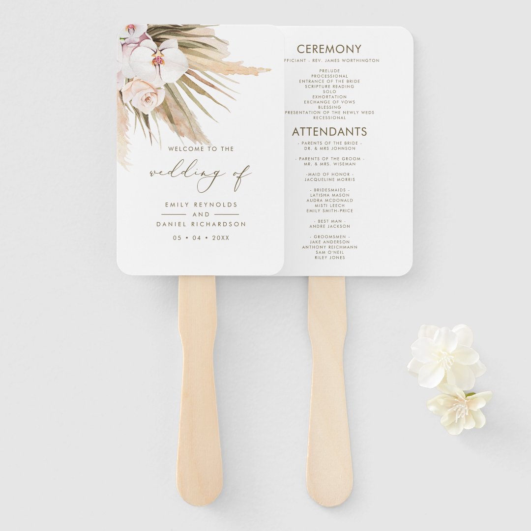 Boho Pampas Grass & Calligraphy Wedding Program Hand Fan | Zazzle