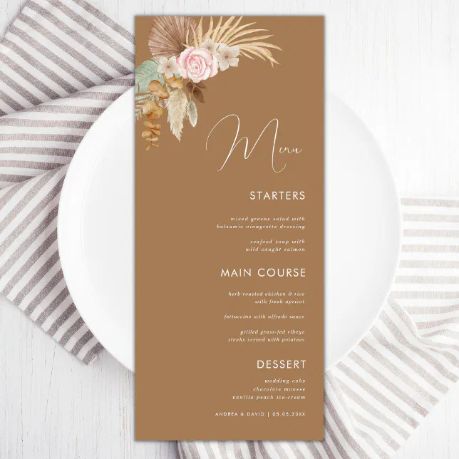 Boho Pampas Grass Dried Tropical Brown Wedding Menu | Zazzle