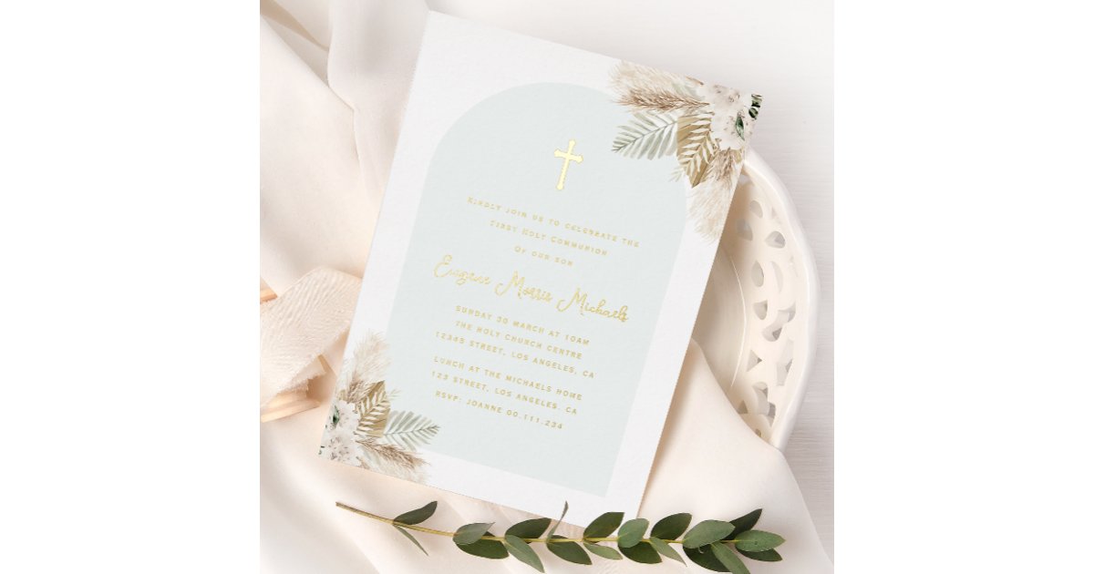 boho pampas grass first communion foil invitation | Zazzle