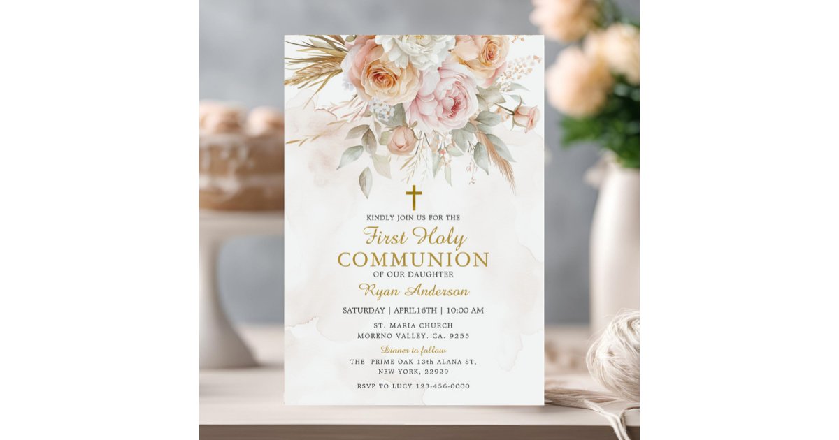 Boho Pampas Grass First Holy Communion Invitation | Zazzle